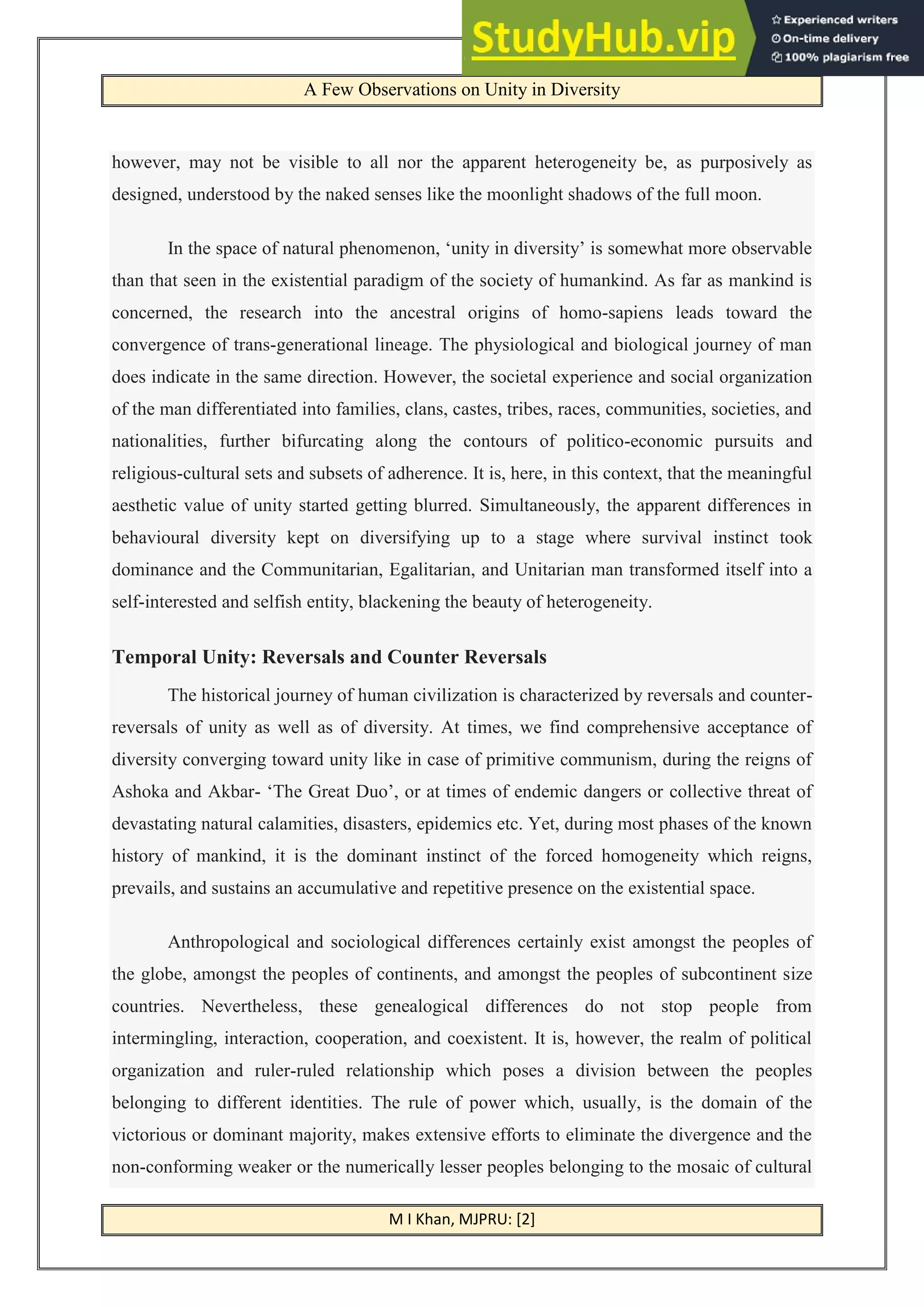 A Few Observations On Unity In Diversity | PDF