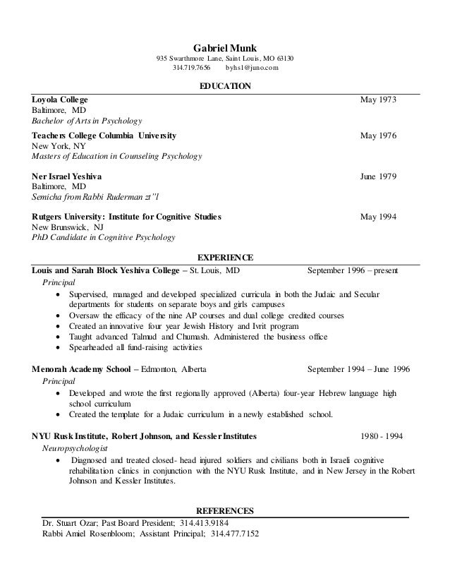 The Rabbi Munk Resume