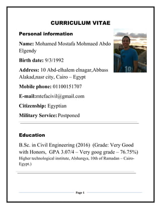 CURRICULUM VITAE-Mohamed mostafa | PDF | Graduation | Personal Celebrations & Life Events