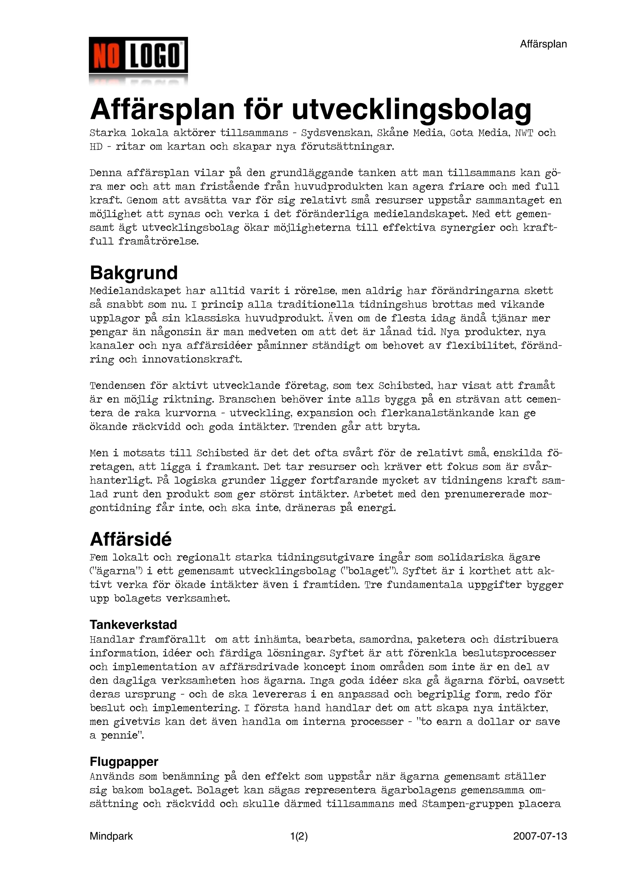 Kortfattad affärsplan för (gamla) mindpark | PDF