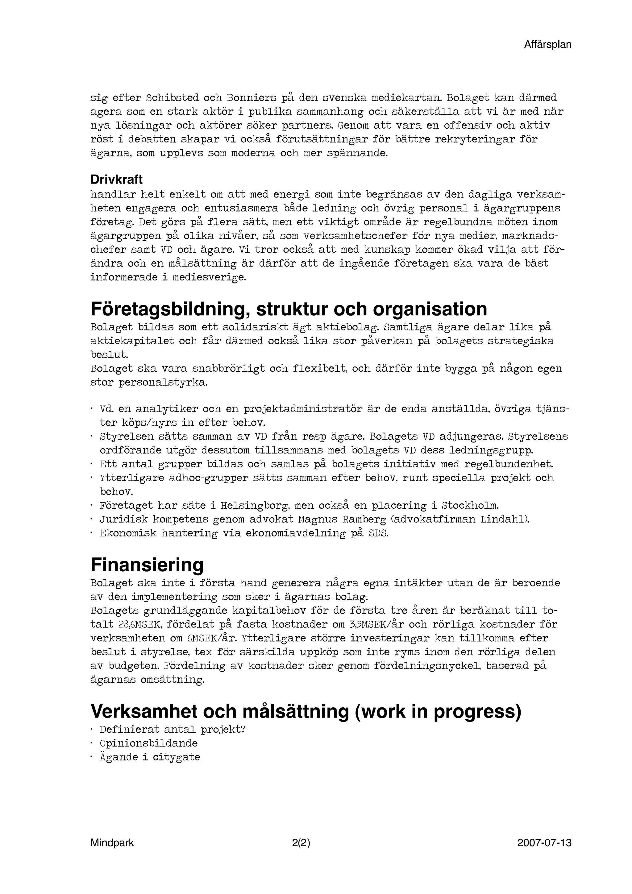 Kortfattad affärsplan för (gamla) mindpark | PDF