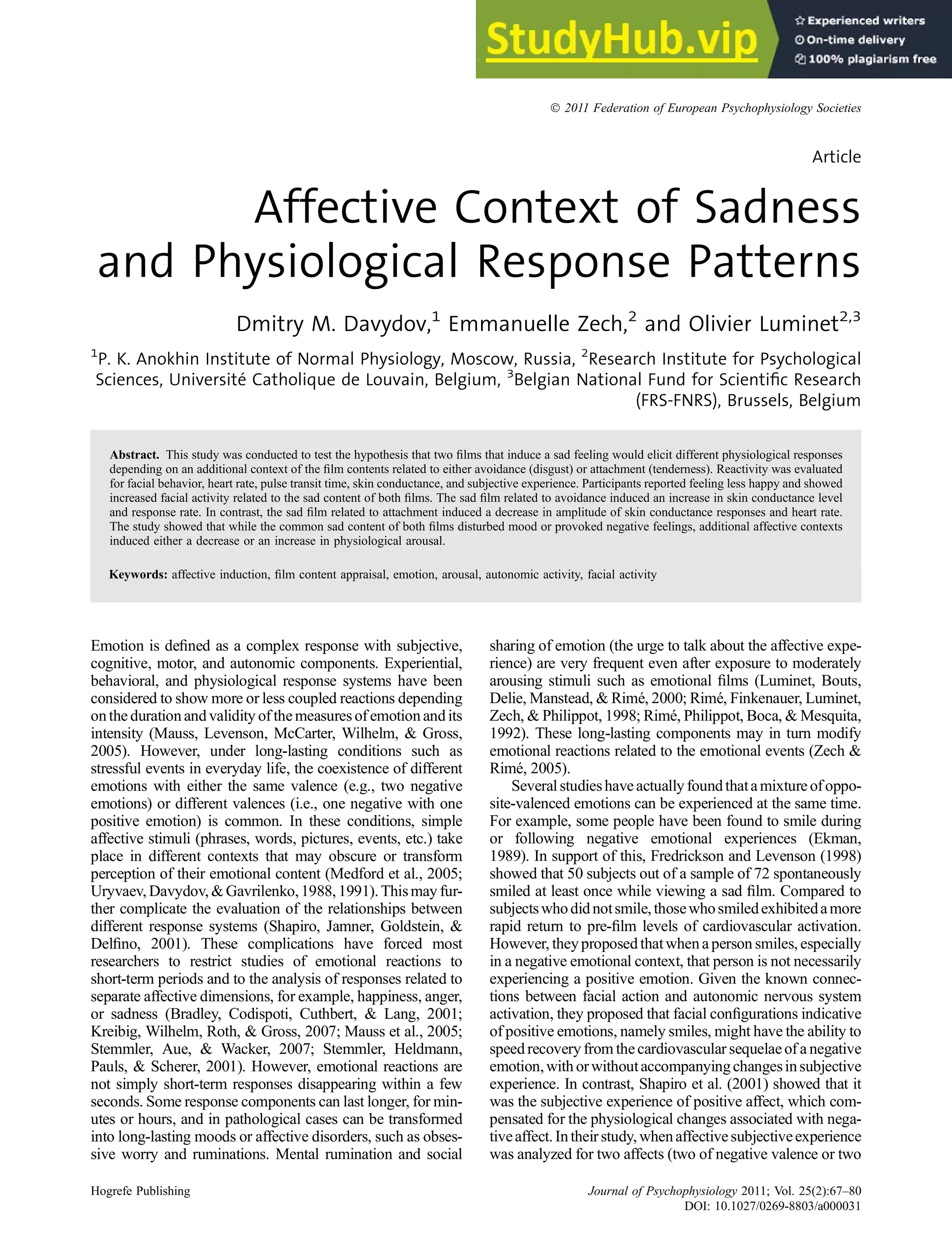 Affective Context Of Sadness And Physiological Response Patterns | PDF
