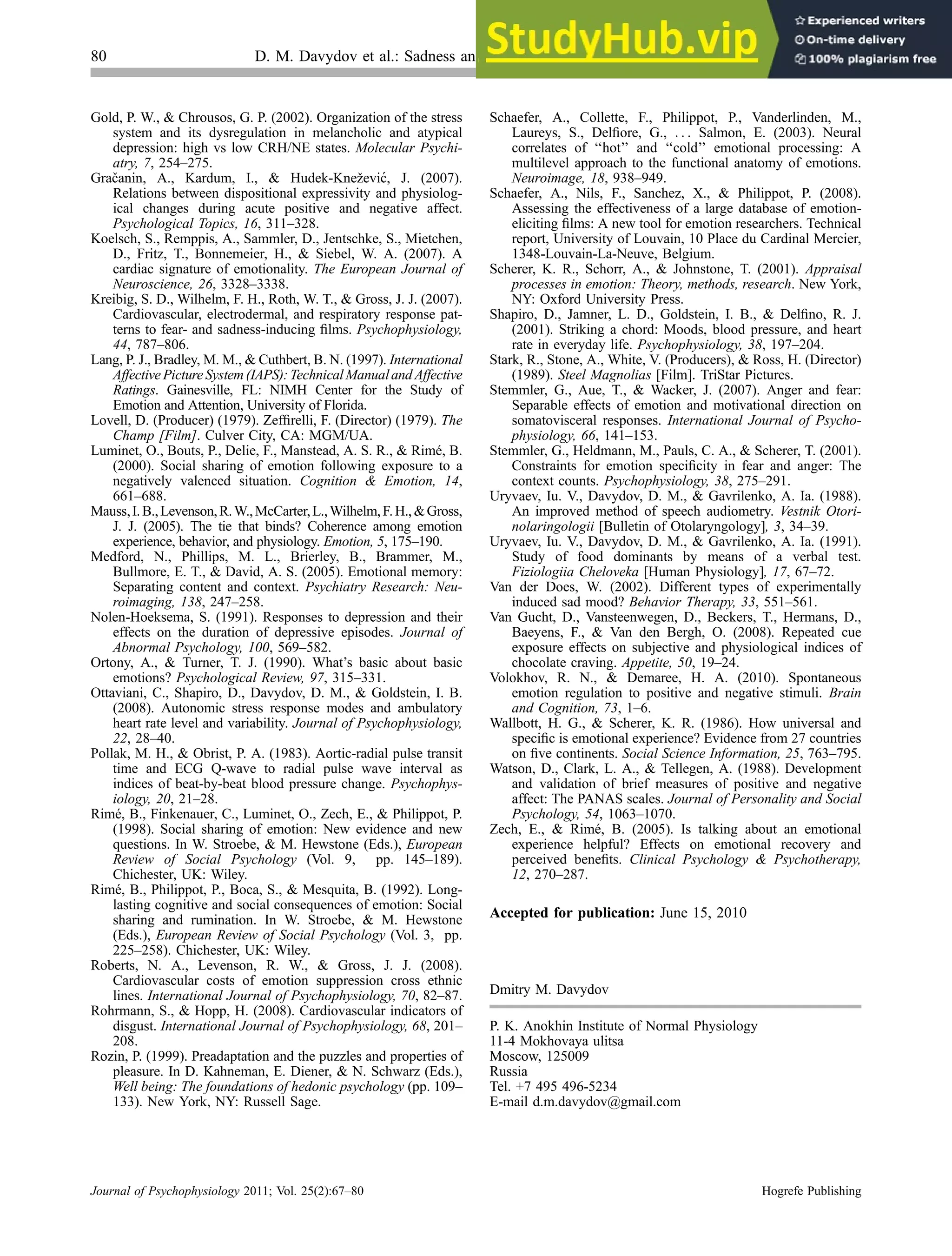 Affective Context Of Sadness And Physiological Response Patterns | PDF