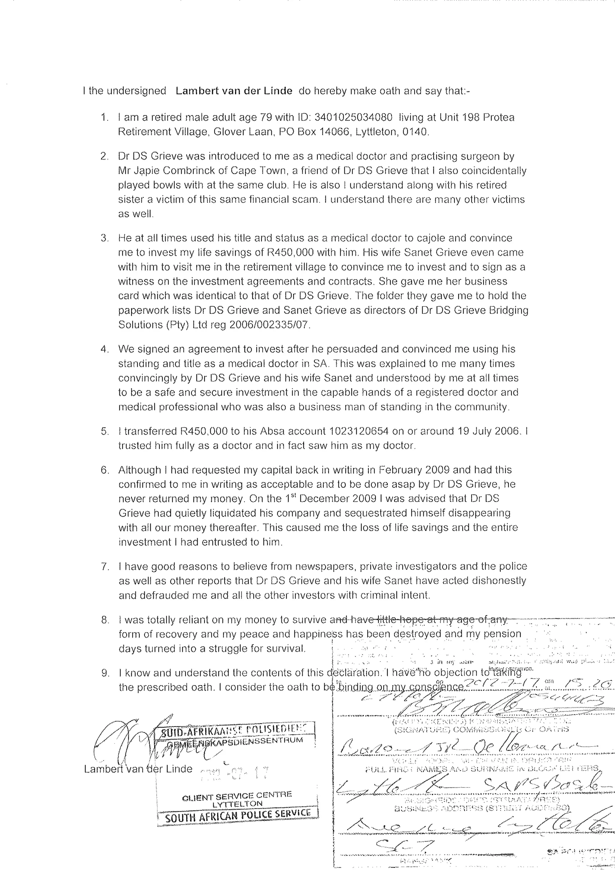 Affidavit of 83 year old Mr Lambert Van Der Linde defrauded by Dr DS ...