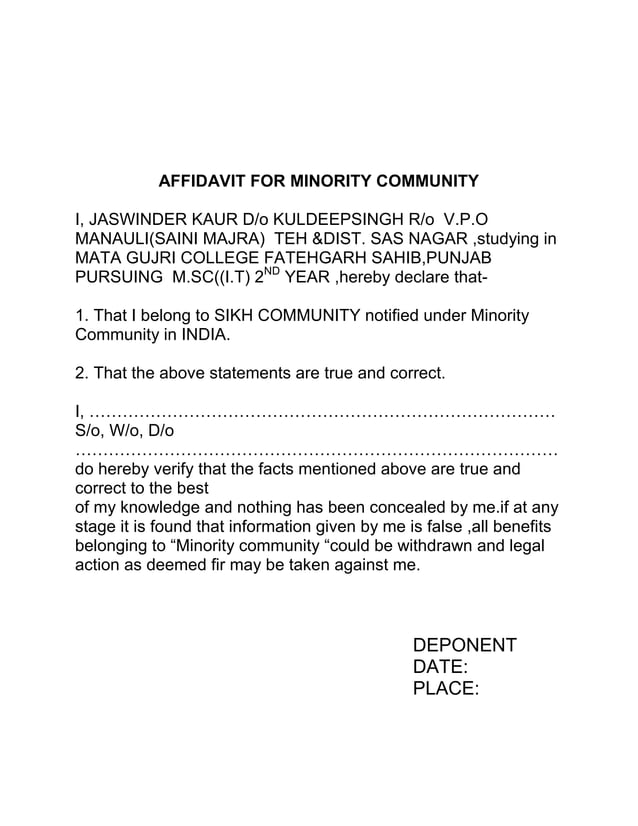 Affidavit for minority community | DOCX