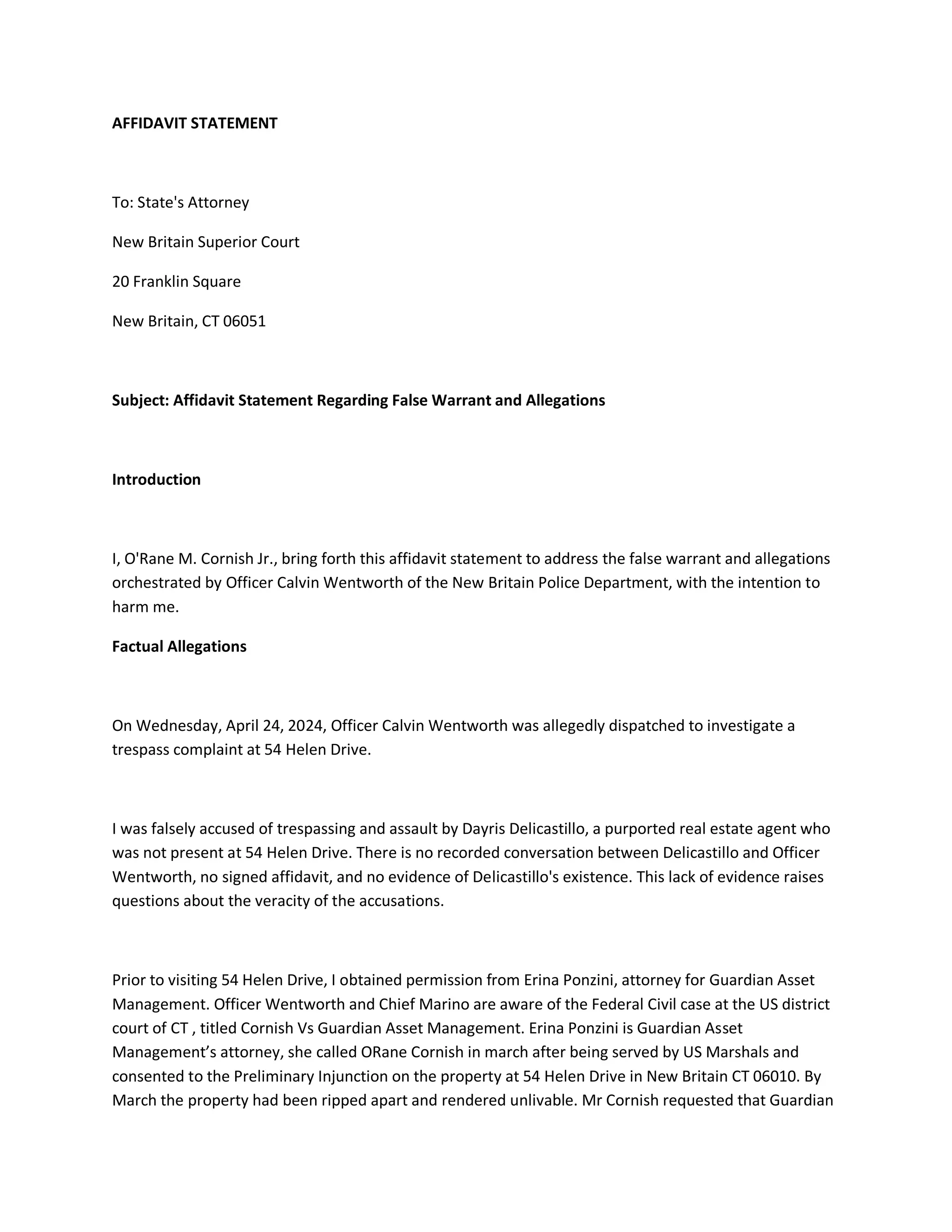 ORane M Cornish affidavit statement for New Britain court proving ...