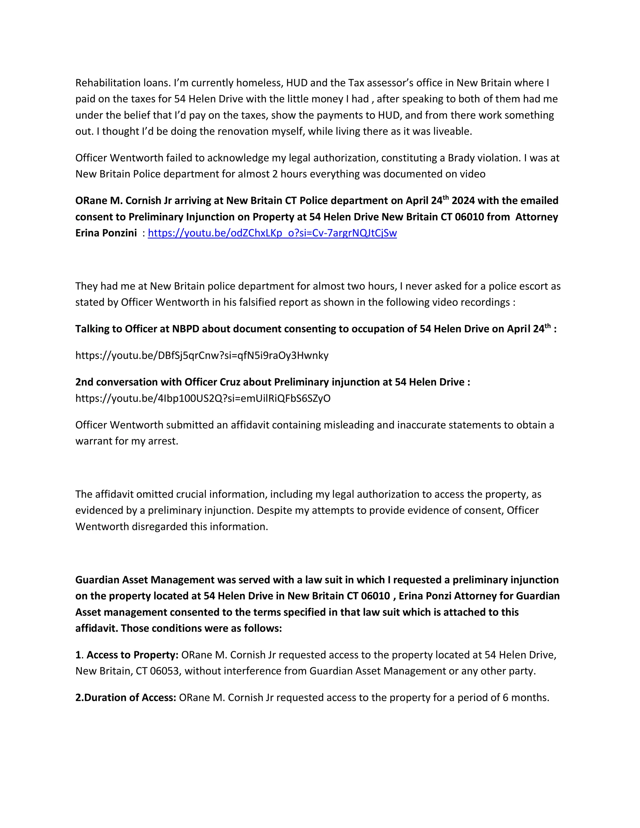 ORane M Cornish affidavit statement for New Britain court proving ...