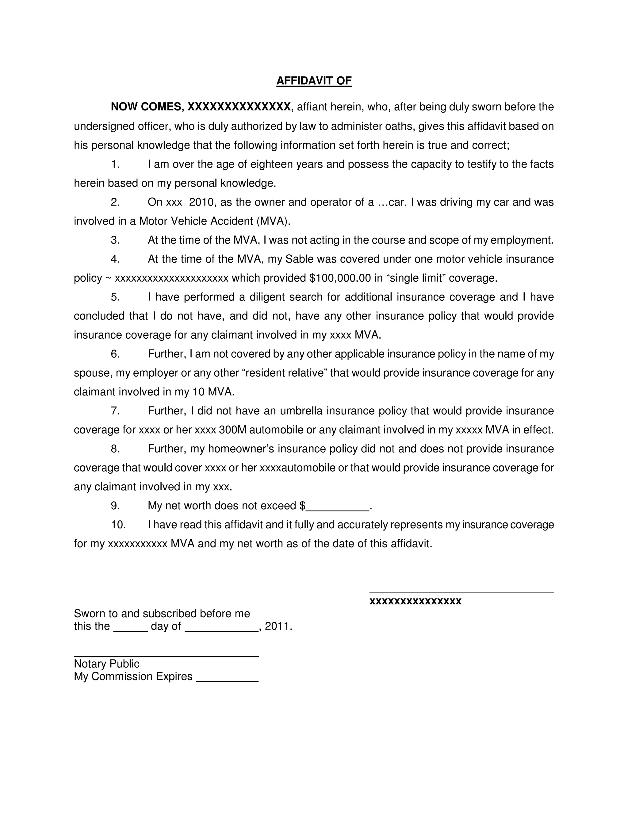 Affidavit ~ no other insurance | PDF