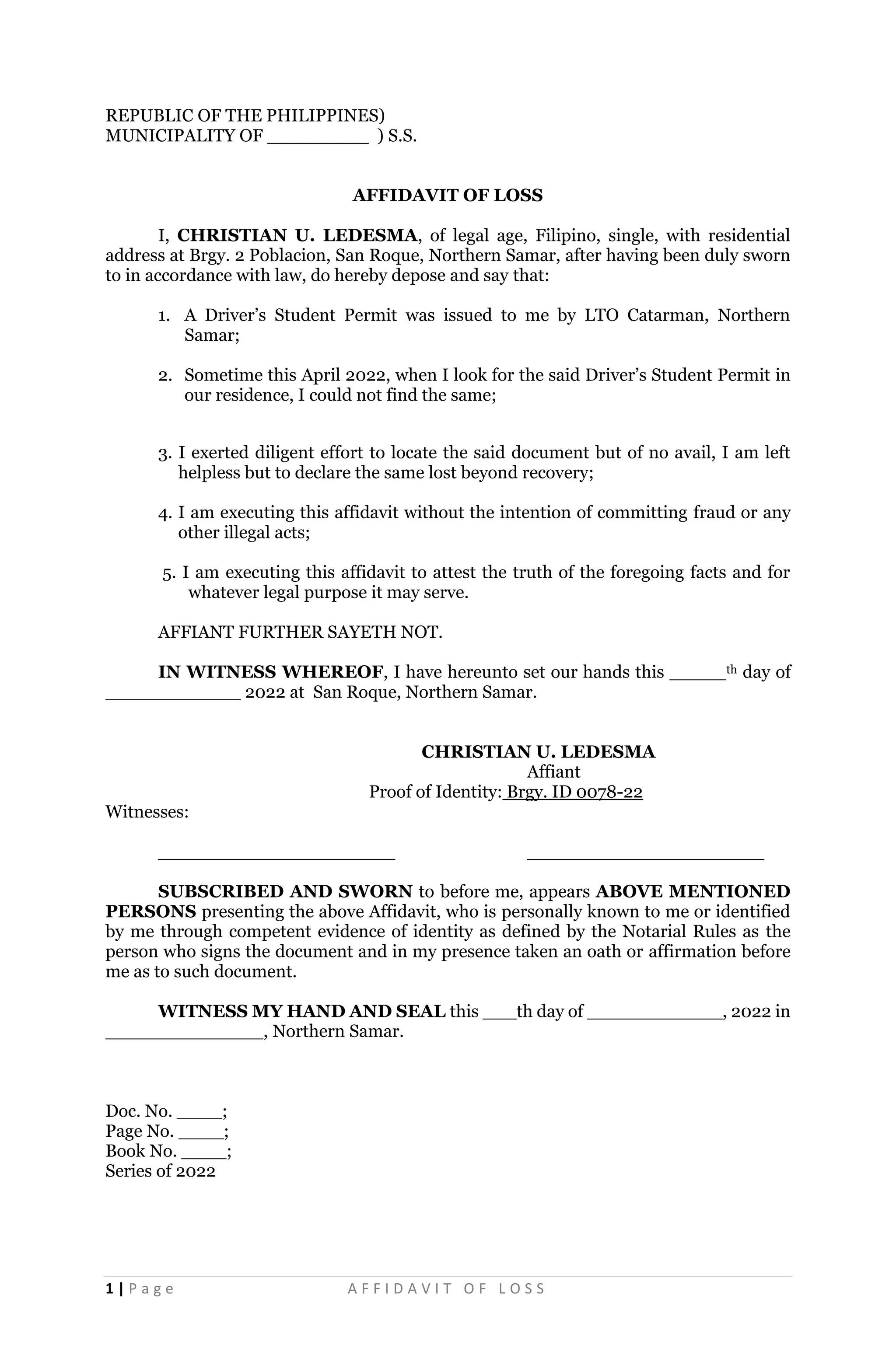 affidavit of loss - AFSLAI - Copy.docx