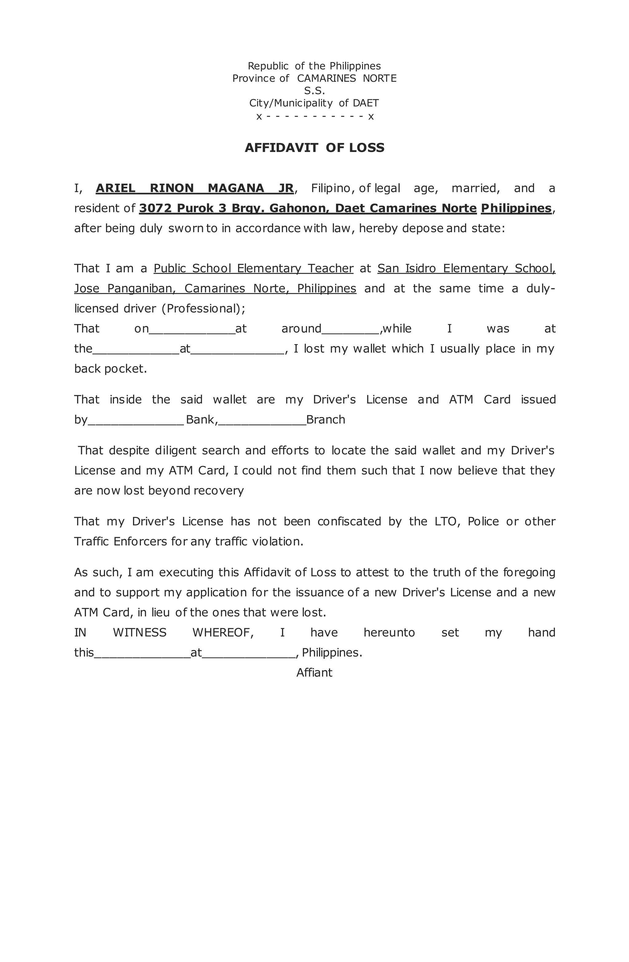 Affidavit of loss drivers license atm card etc due to loss of wallet | DOCX