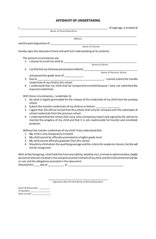 DepEd Affidavit of Undertaking