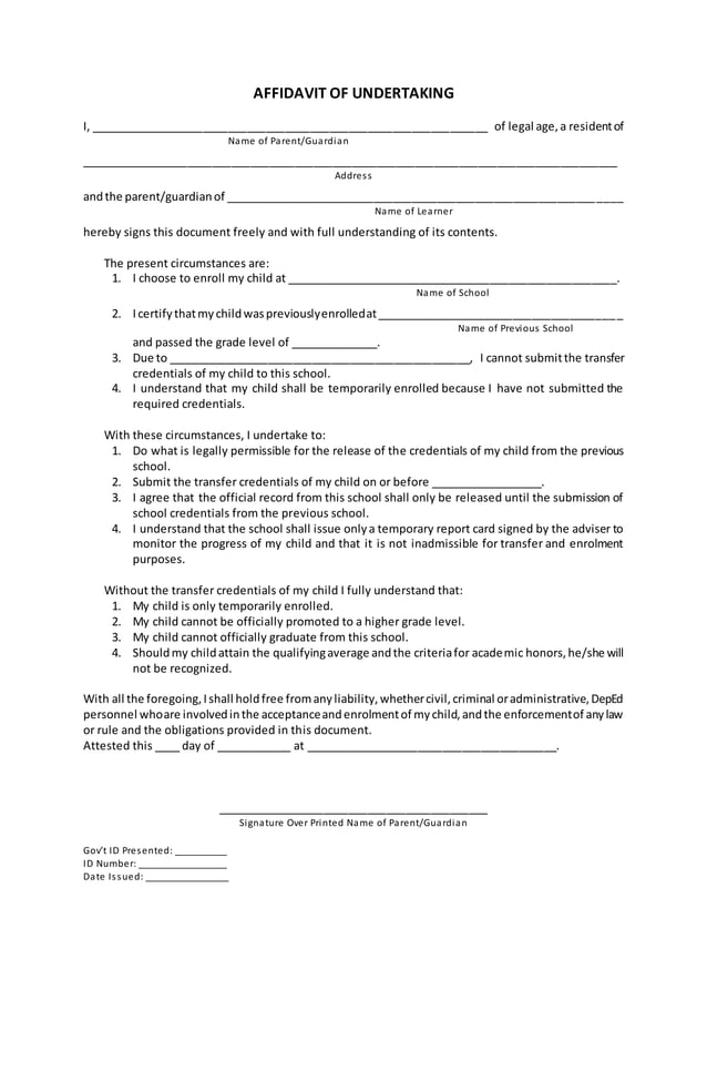 Deped Affidavit Of Undertaking - Free Word Template