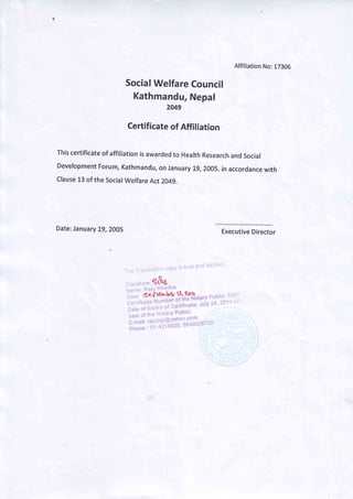 Affiliation certificate from social welfare council herd | PDF
