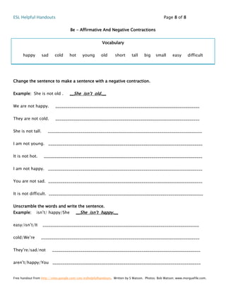 ESL Helpful Handouts-Affirmative And Negative Contractions | PDF