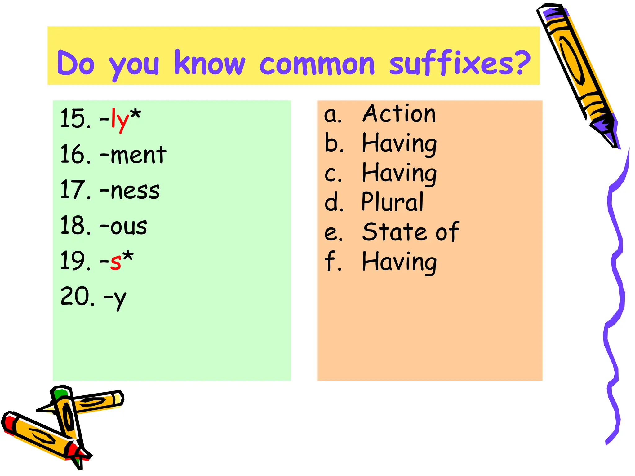 list and exercises about Affixes and suffixes | PPT