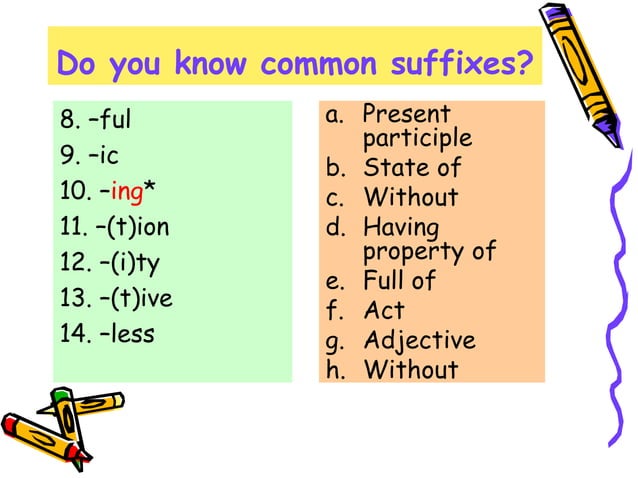 list and exercises about Affixes and suffixes | PPT