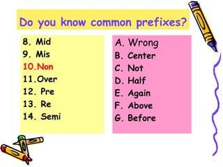 list and exercises about Affixes and suffixes | PPT