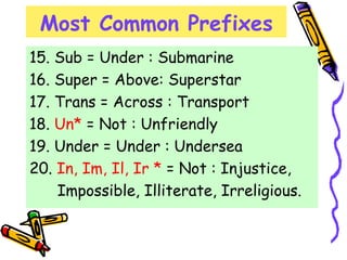 list and exercises about Affixes and suffixes | PPT