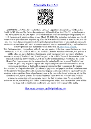Affordable Care Act Essay | PDF | Health Insurance | Insurance
