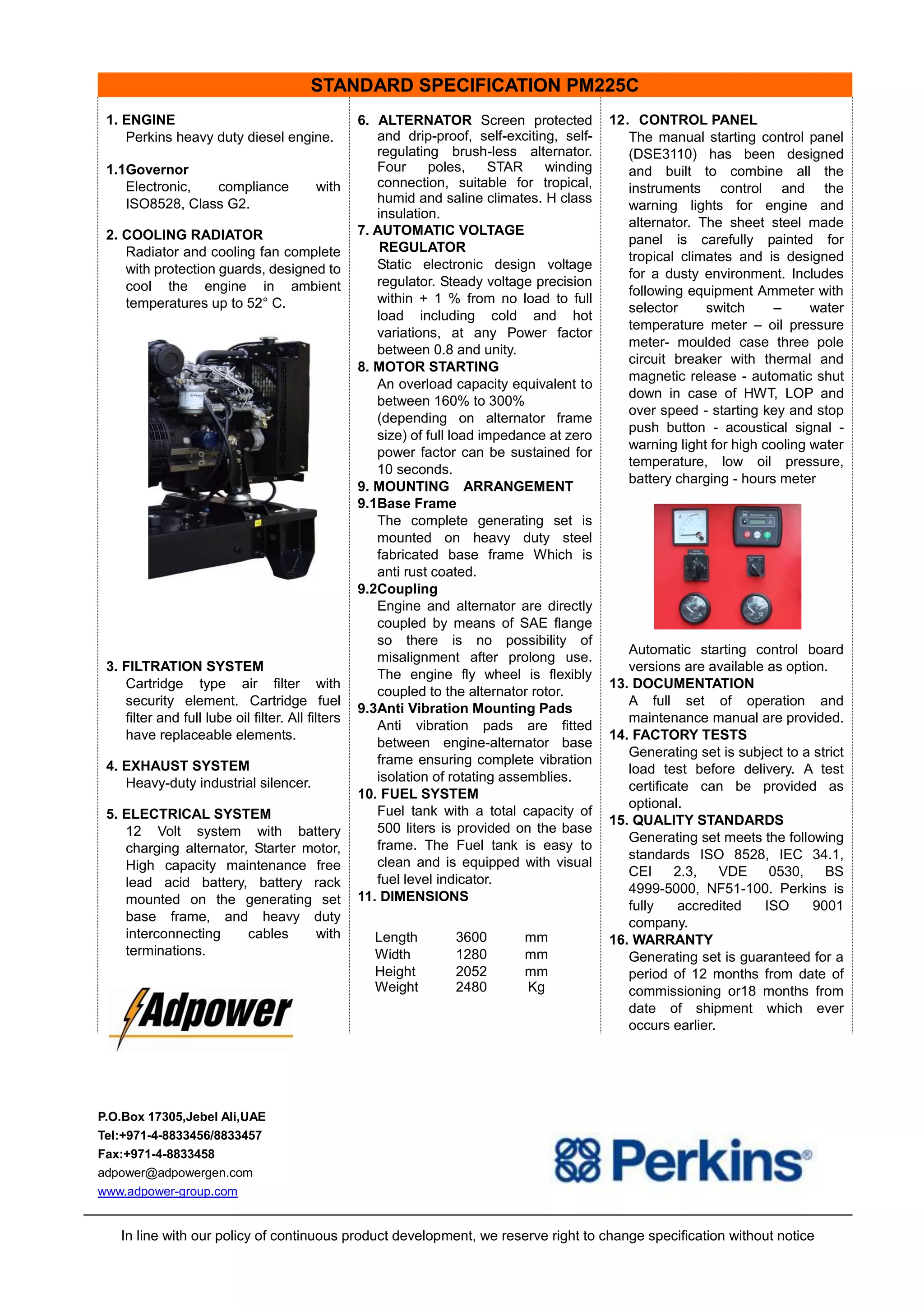 Affordable Perkins Diesel Generator Specification – Adpower FZCO | PDF