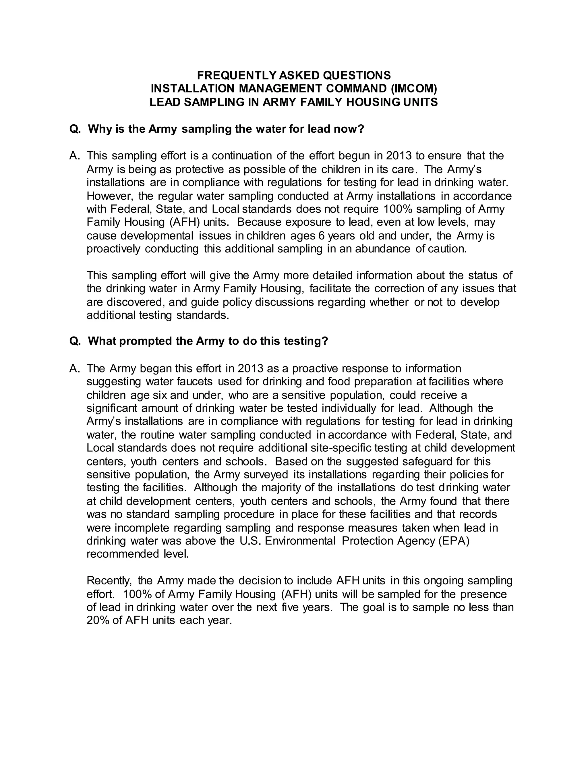 FAQ: Lead sampling in Army Family Housing Units | DOCX