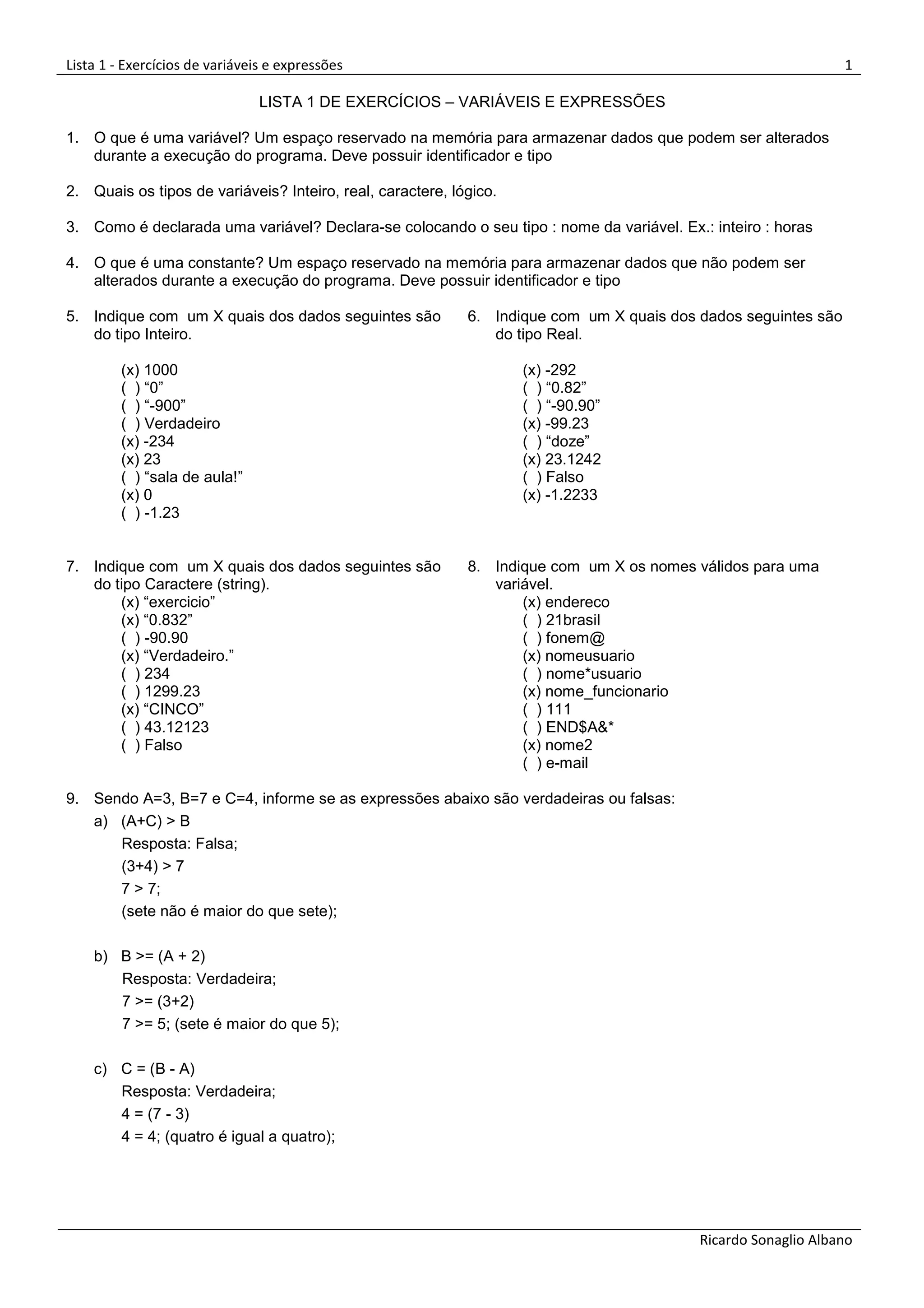 Algoritmos Lista 1 de exercícios gabarito | PDF
