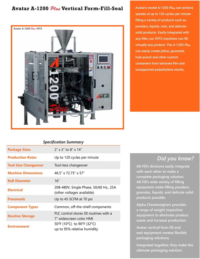 AFI Avatar vffs Bagger capabilities | PDF