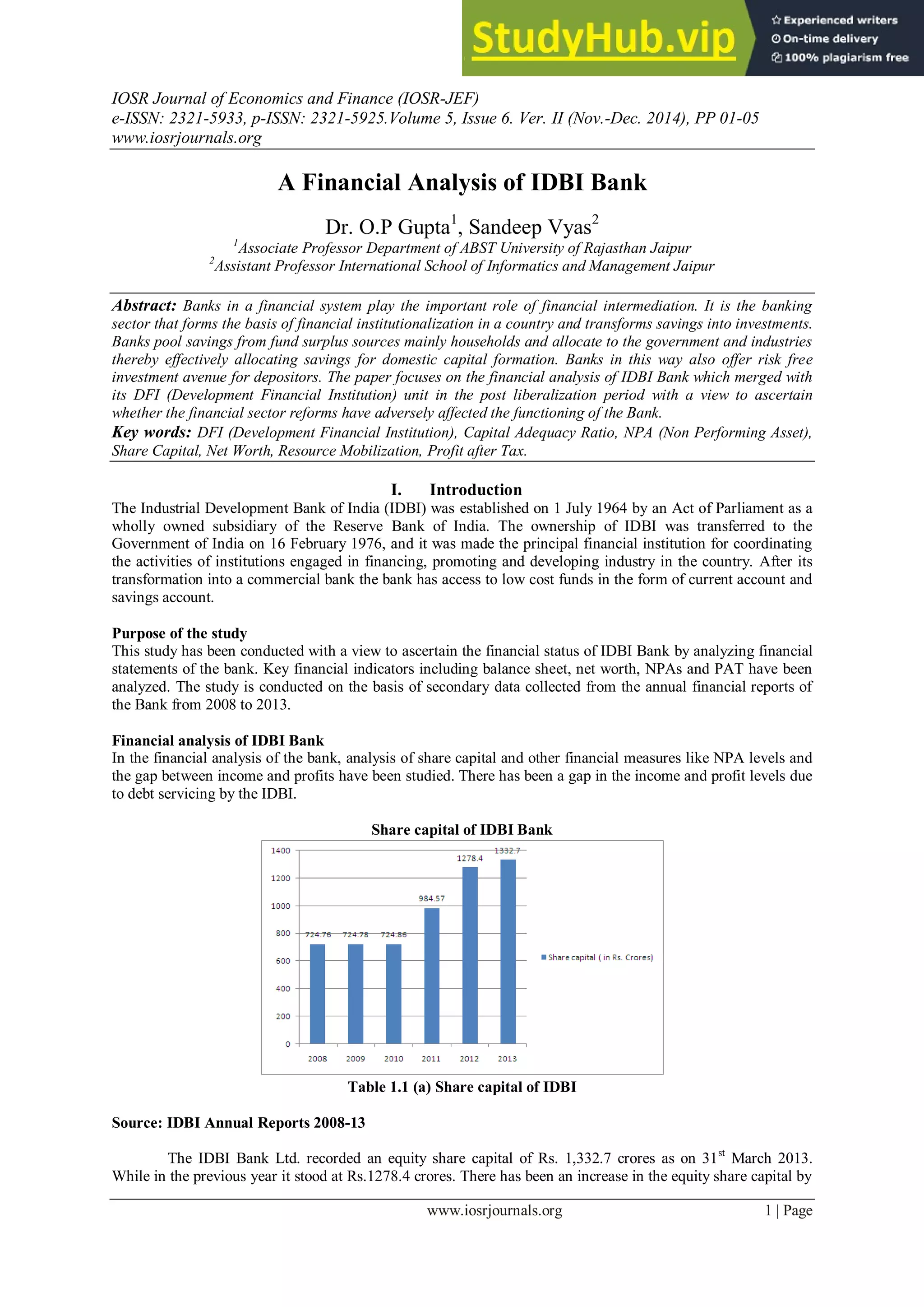 A Financial Analysis Of IDBI Bank | PDF