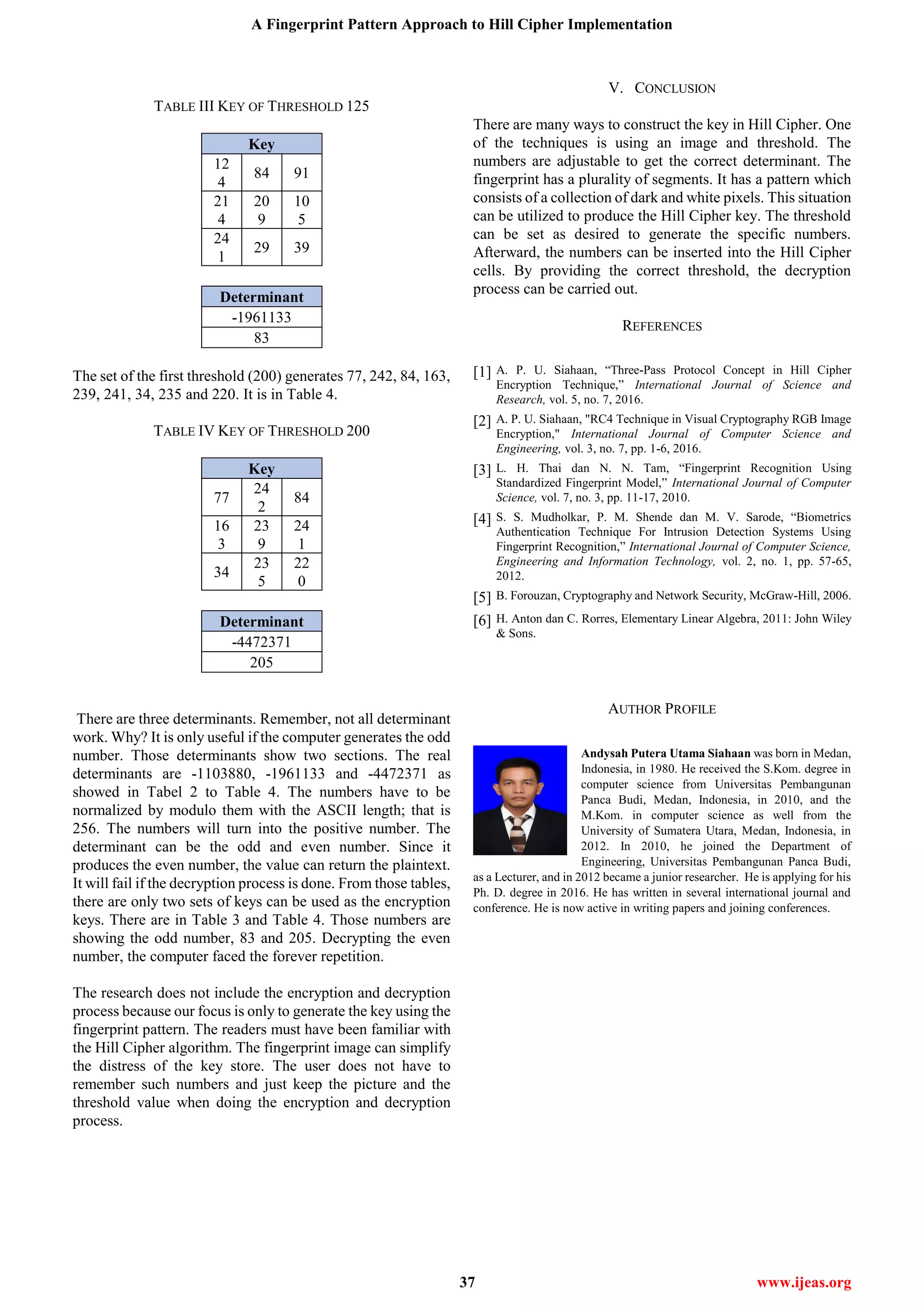 A Fingerprint Pattern Approach to Hill Cipher Implementation | PDF