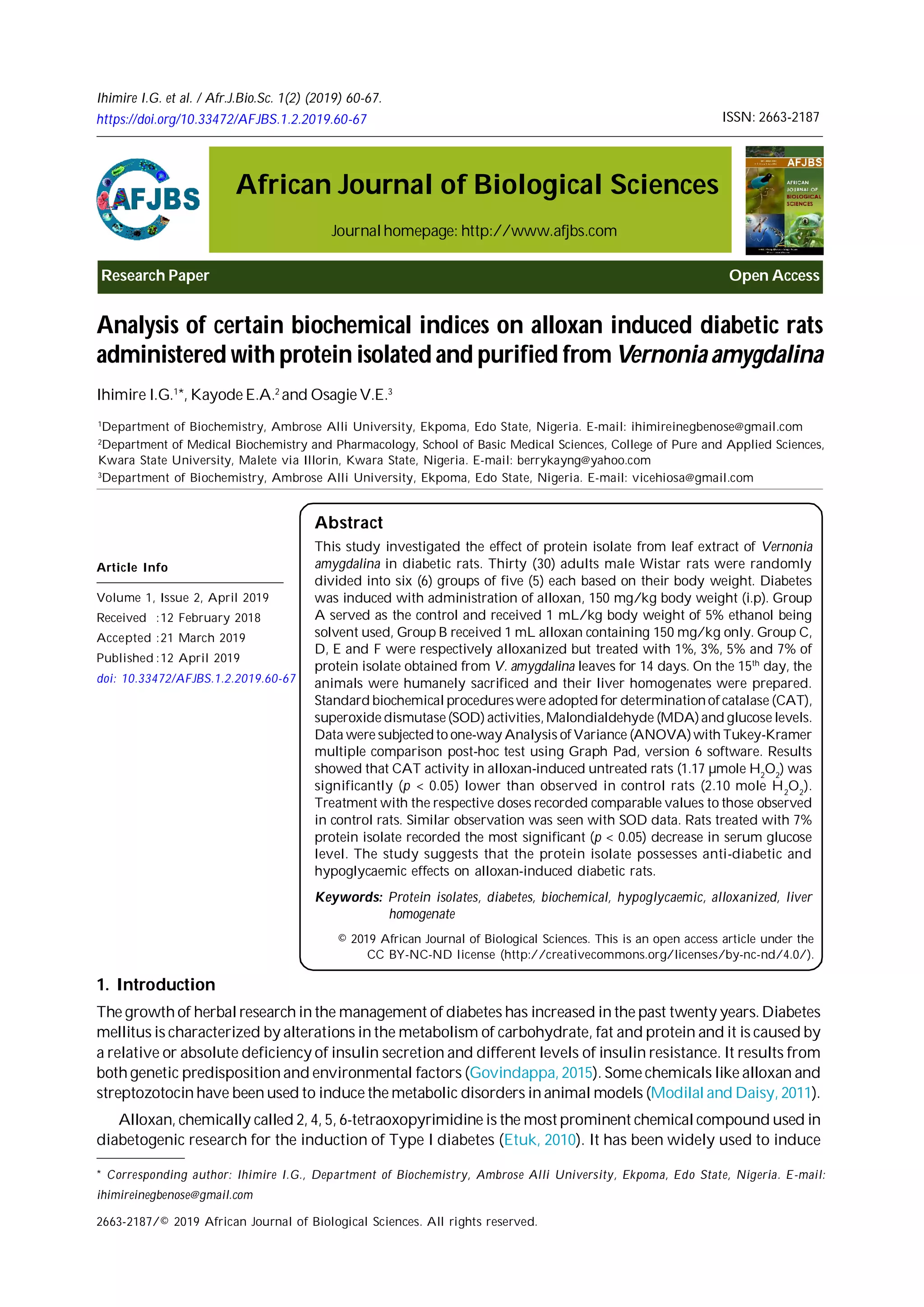 Analysis of certain biochemical indices on alloxan induced diabetic ...