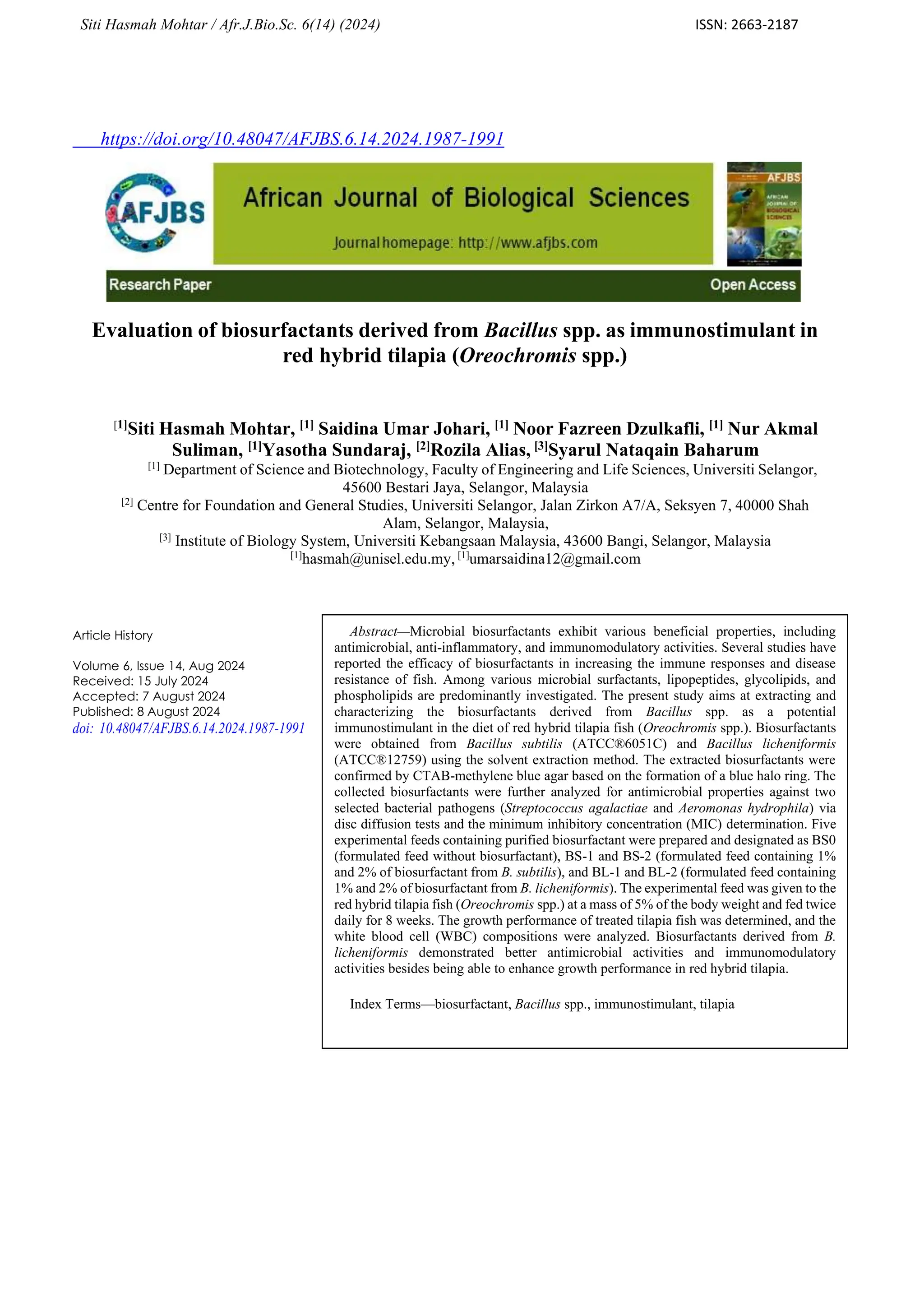Biosurfactants as immunostimulant in tilapia | PDF