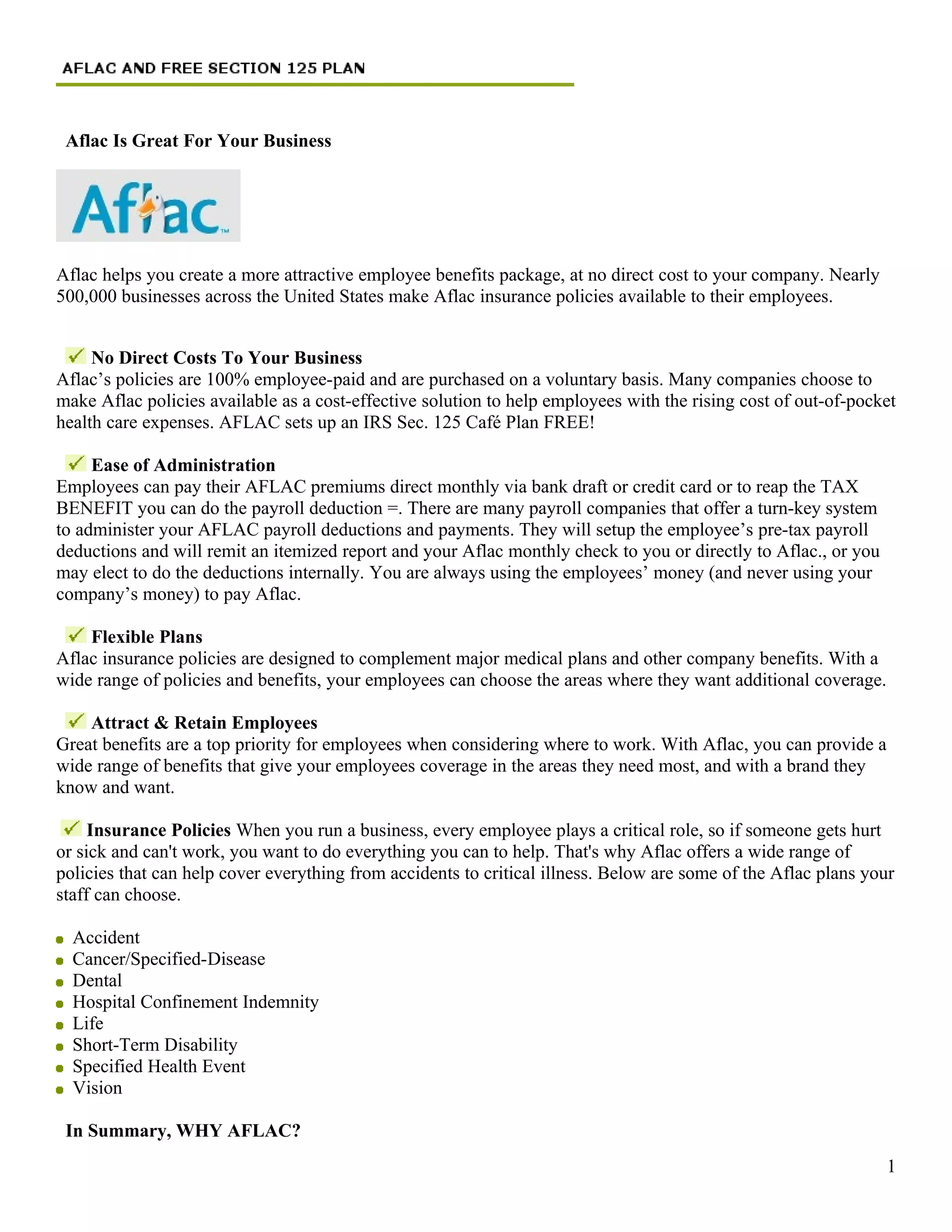 Aflac Voluntary Benefits Benefits | DOC