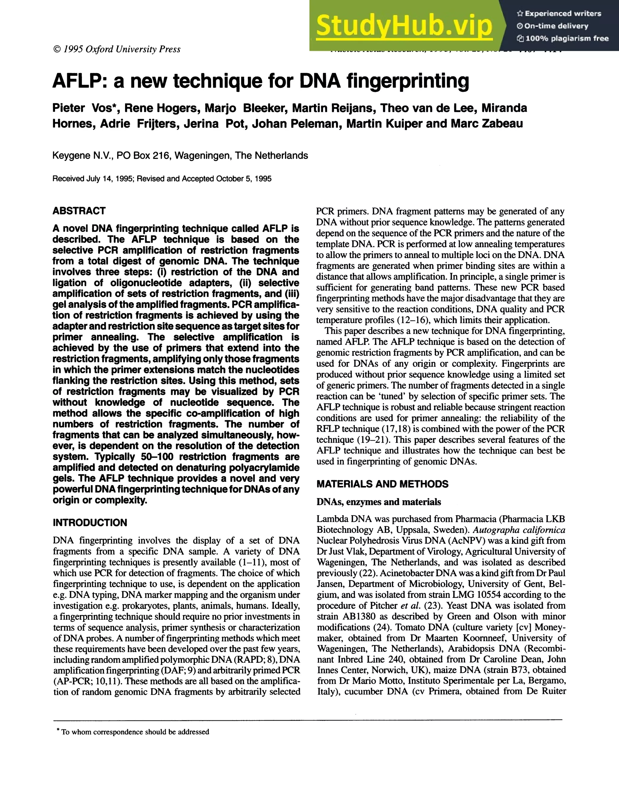 AFLP A New Technique For DNA Fingerprinting | PDF