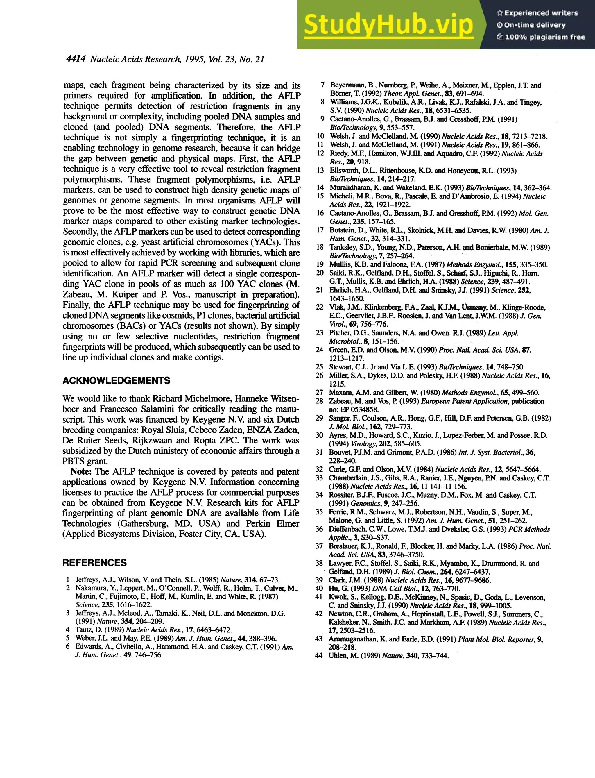 AFLP A New Technique For DNA Fingerprinting | PDF