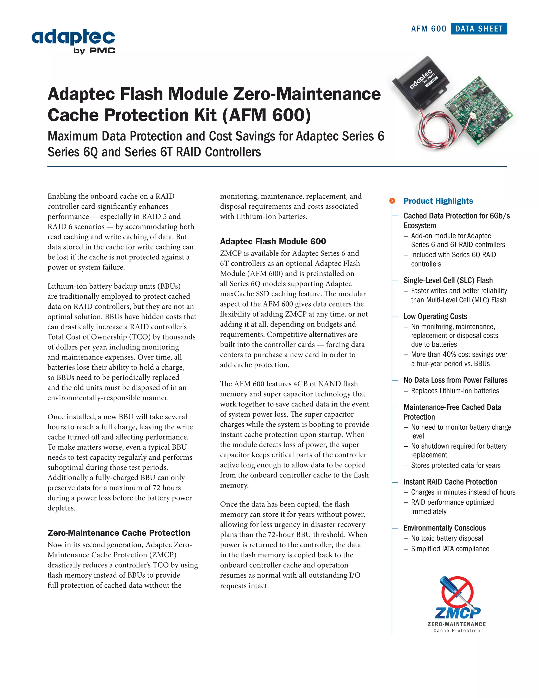Adaptec Flash Module 600 Datasheet | PDF