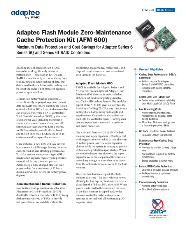 Adaptec Flash Module 600 Datasheet | PDF