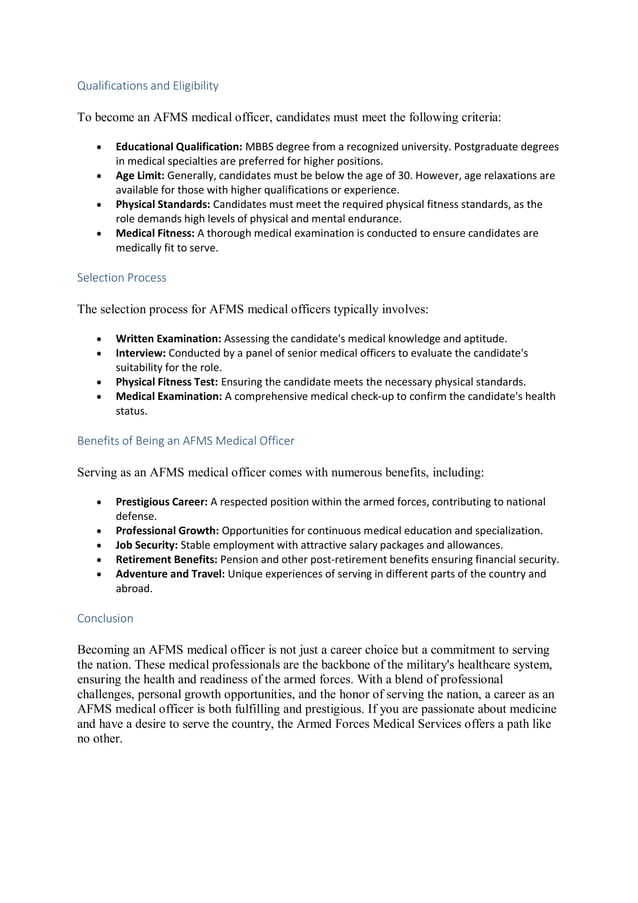 Armed Forces Medical Services (AFMS) Medical Officer | PDF