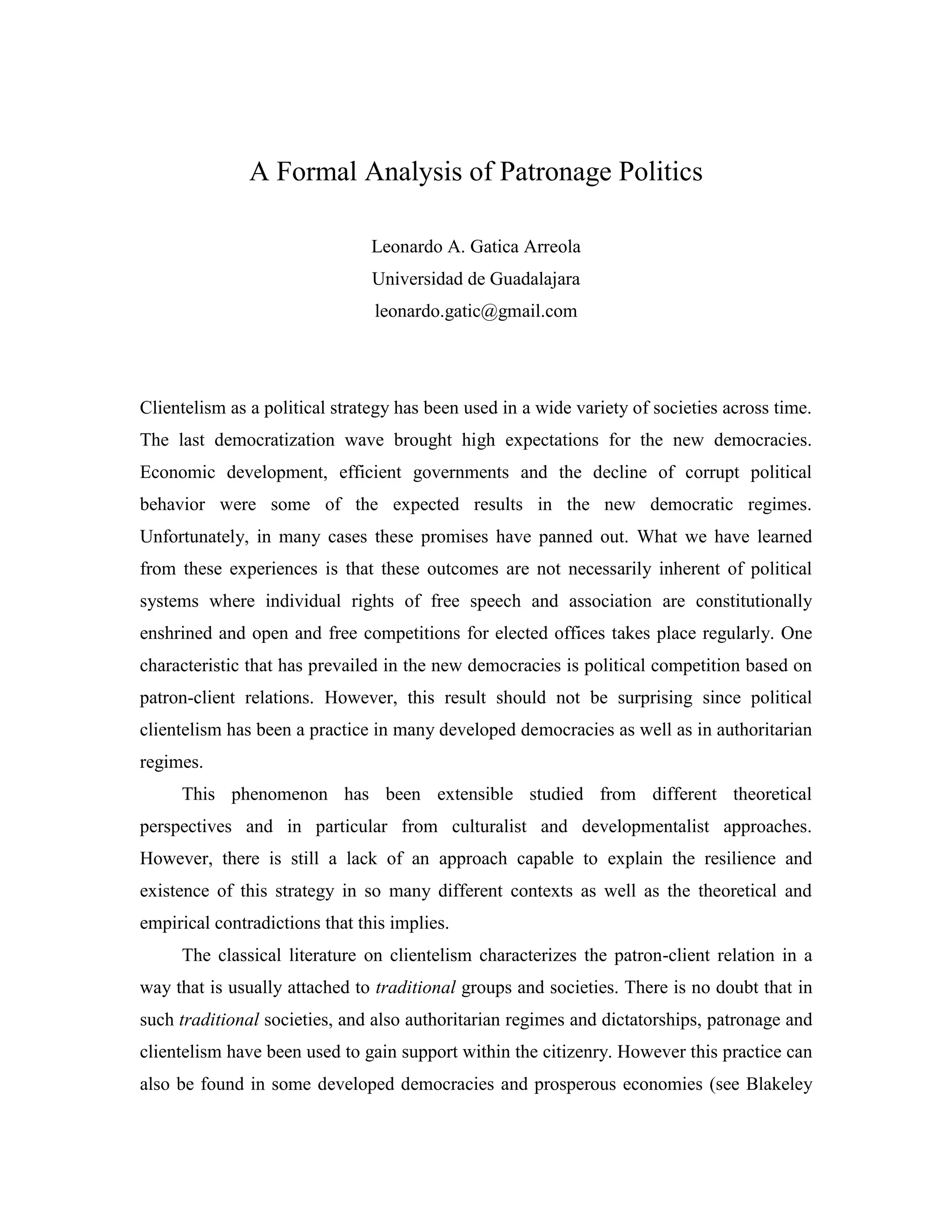 A formal analisys of patronage politics | PDF