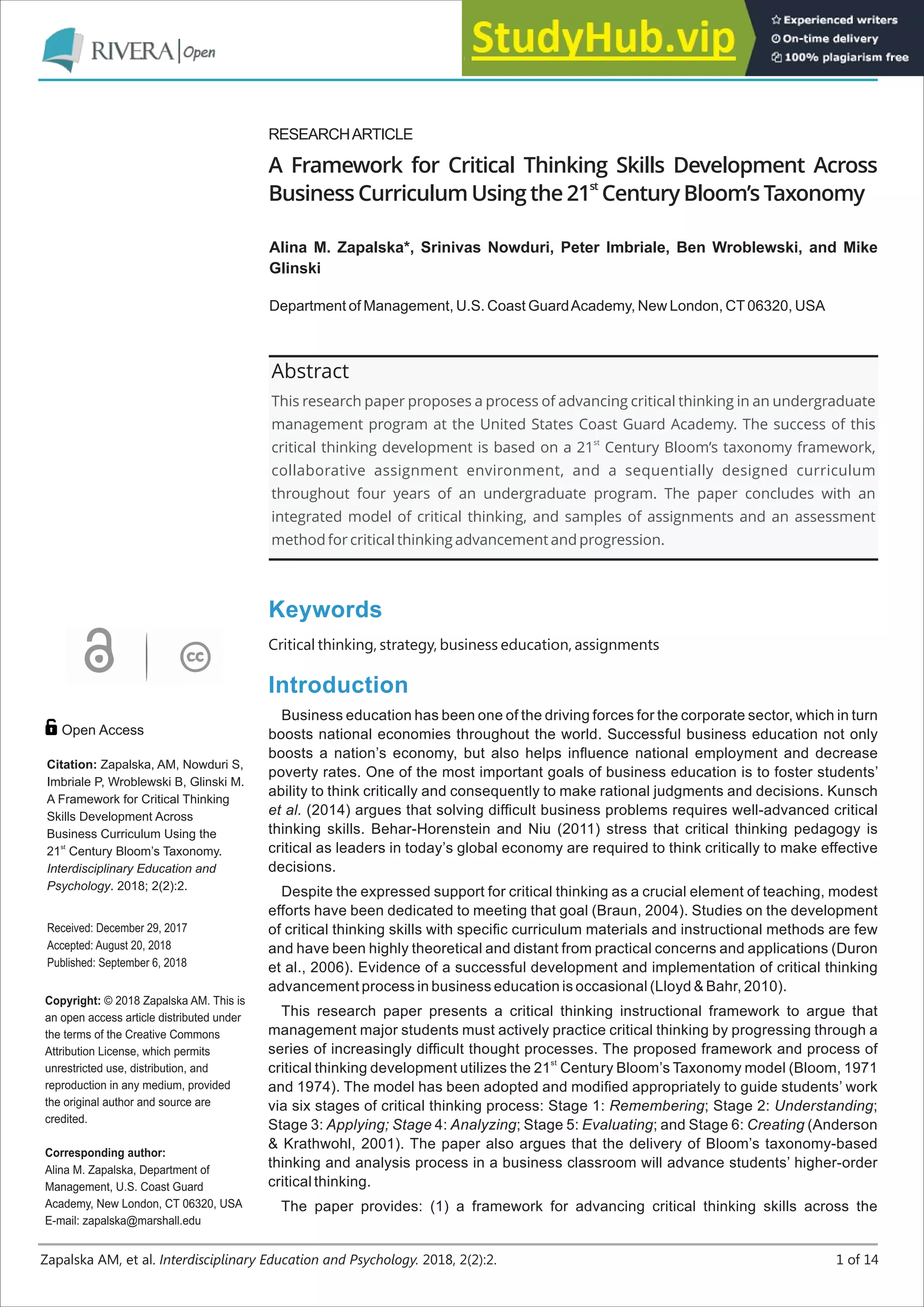 A Framework For Critical Thinking Skills Development Across Business Curriculum Using The 21St ...