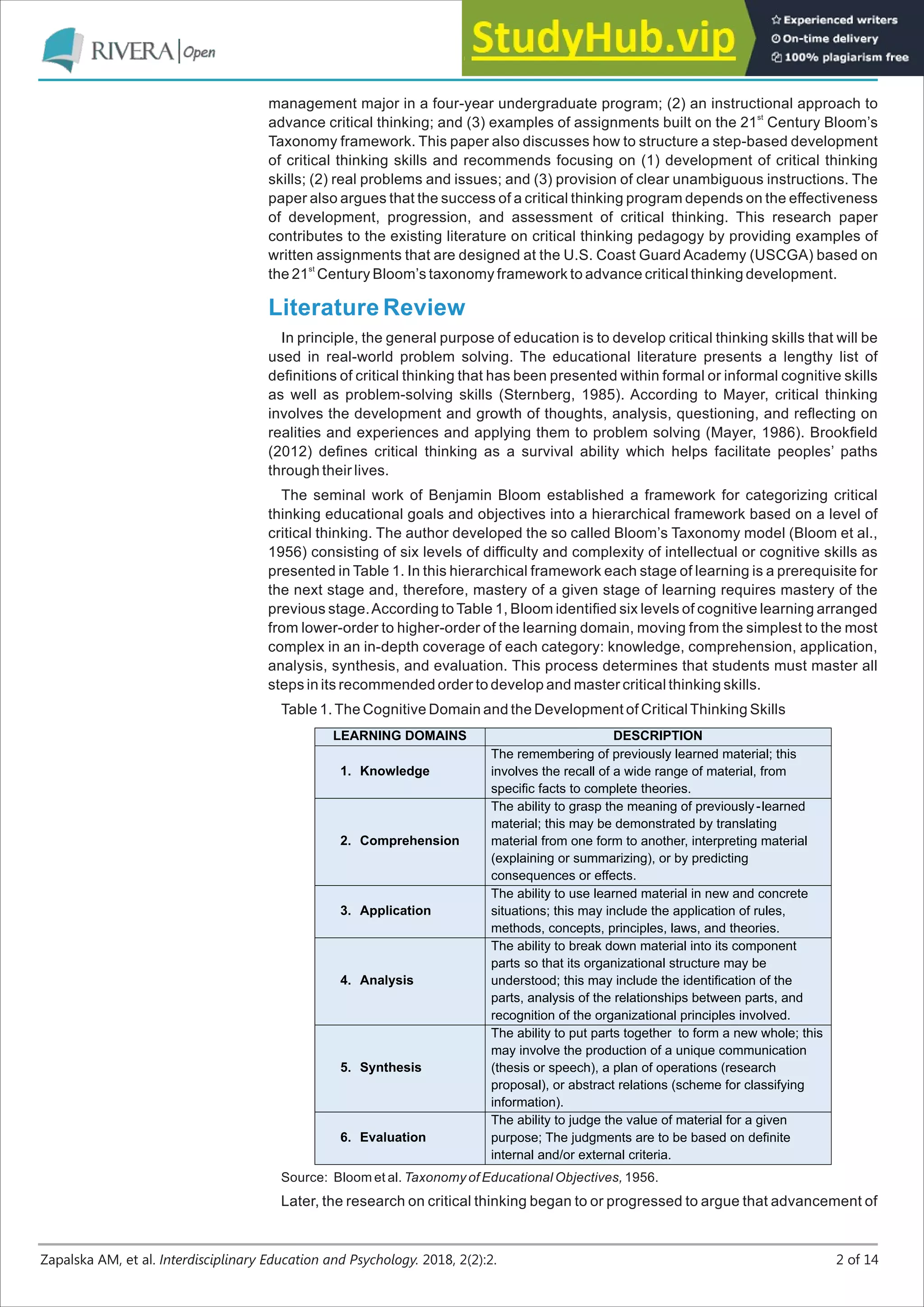 A Framework For Critical Thinking Skills Development Across Business ...