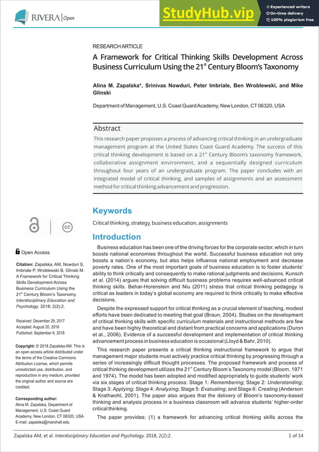 A Framework For Critical Thinking Skills Development Across Business Curriculum Using The 21St ...