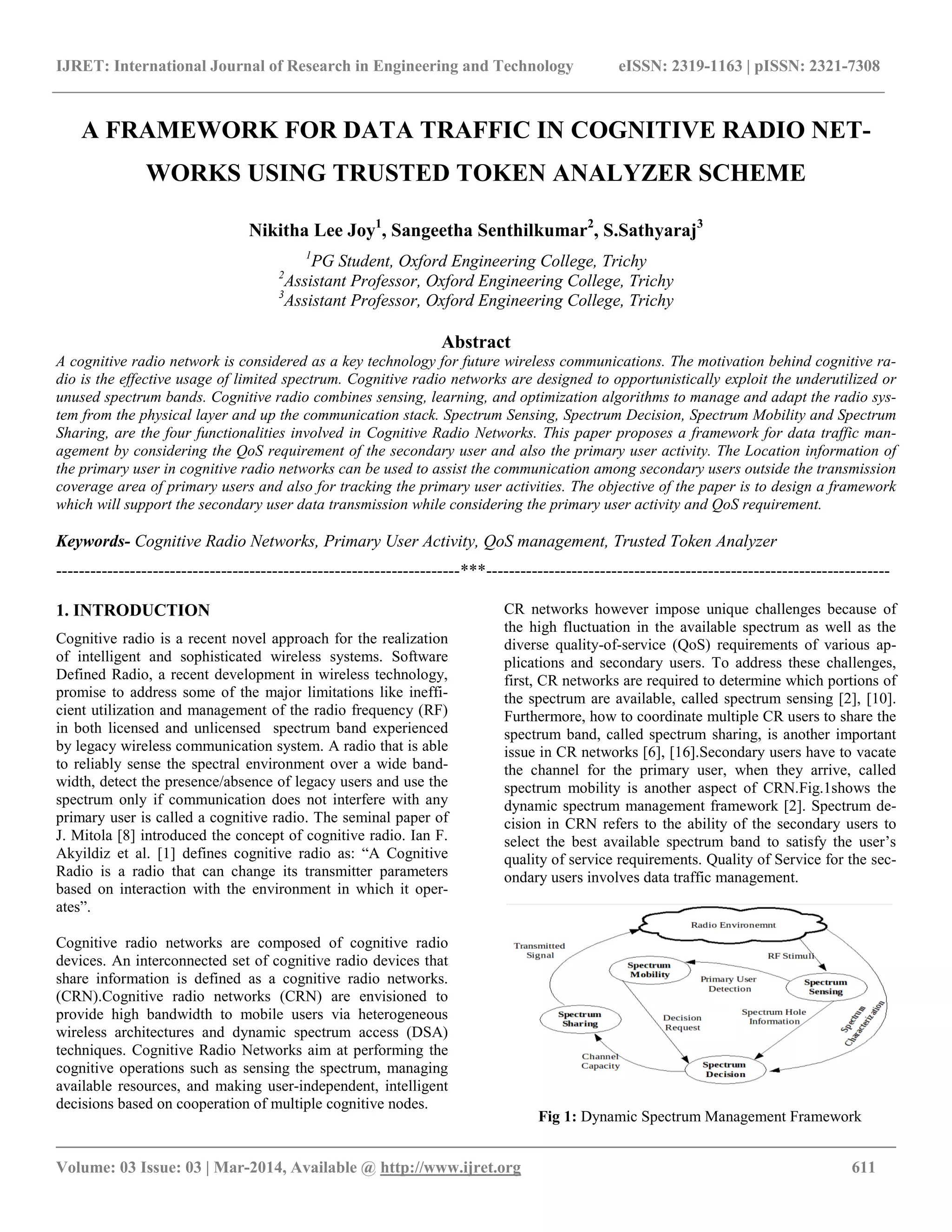 A framework for data traffic in cognitive radio net works using trusted token analyzer scheme ...