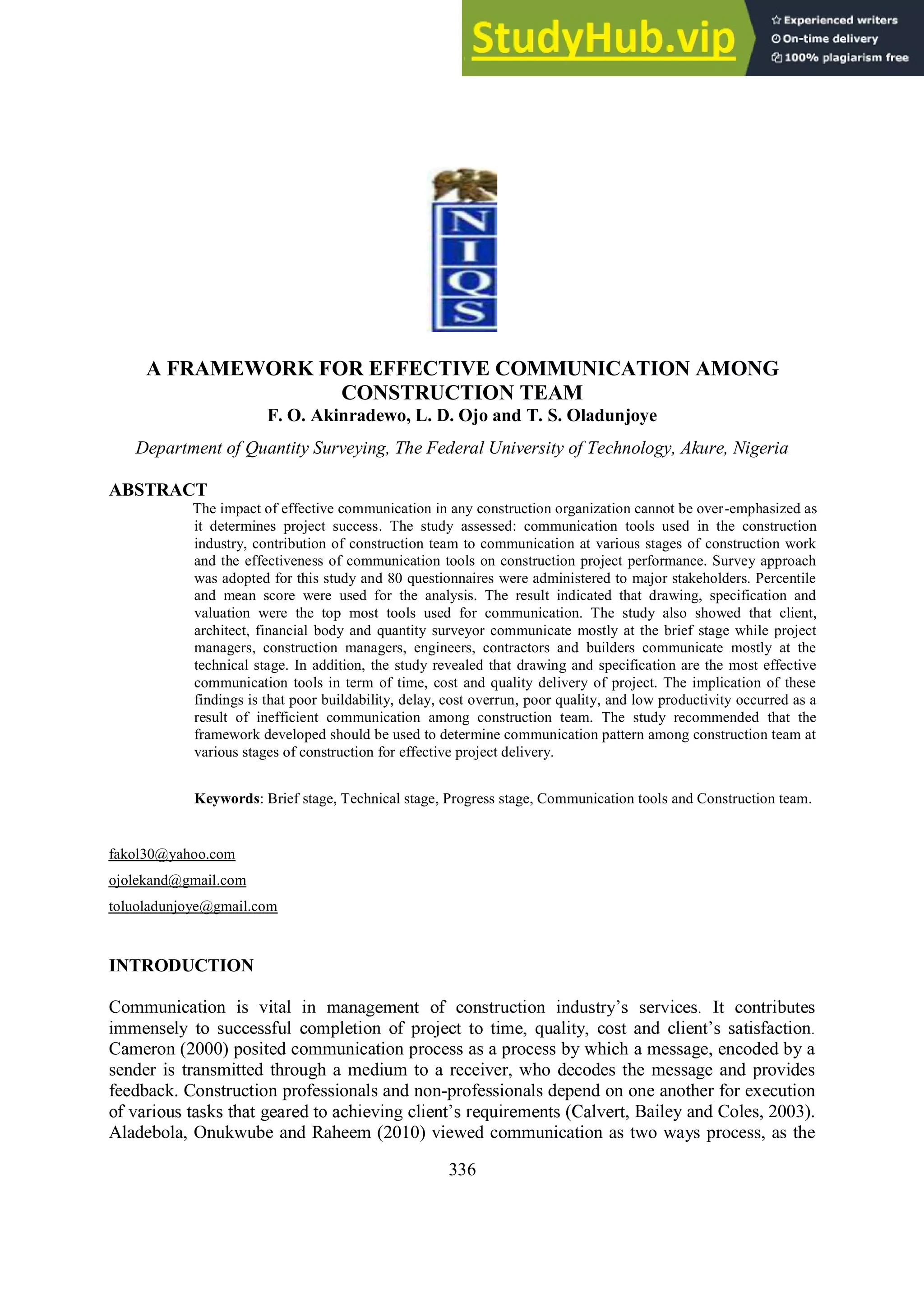 A FRAMEWORK FOR EFFECTIVE COMMUNICATION AMONG CONSTRUCTION TEAM | PDF