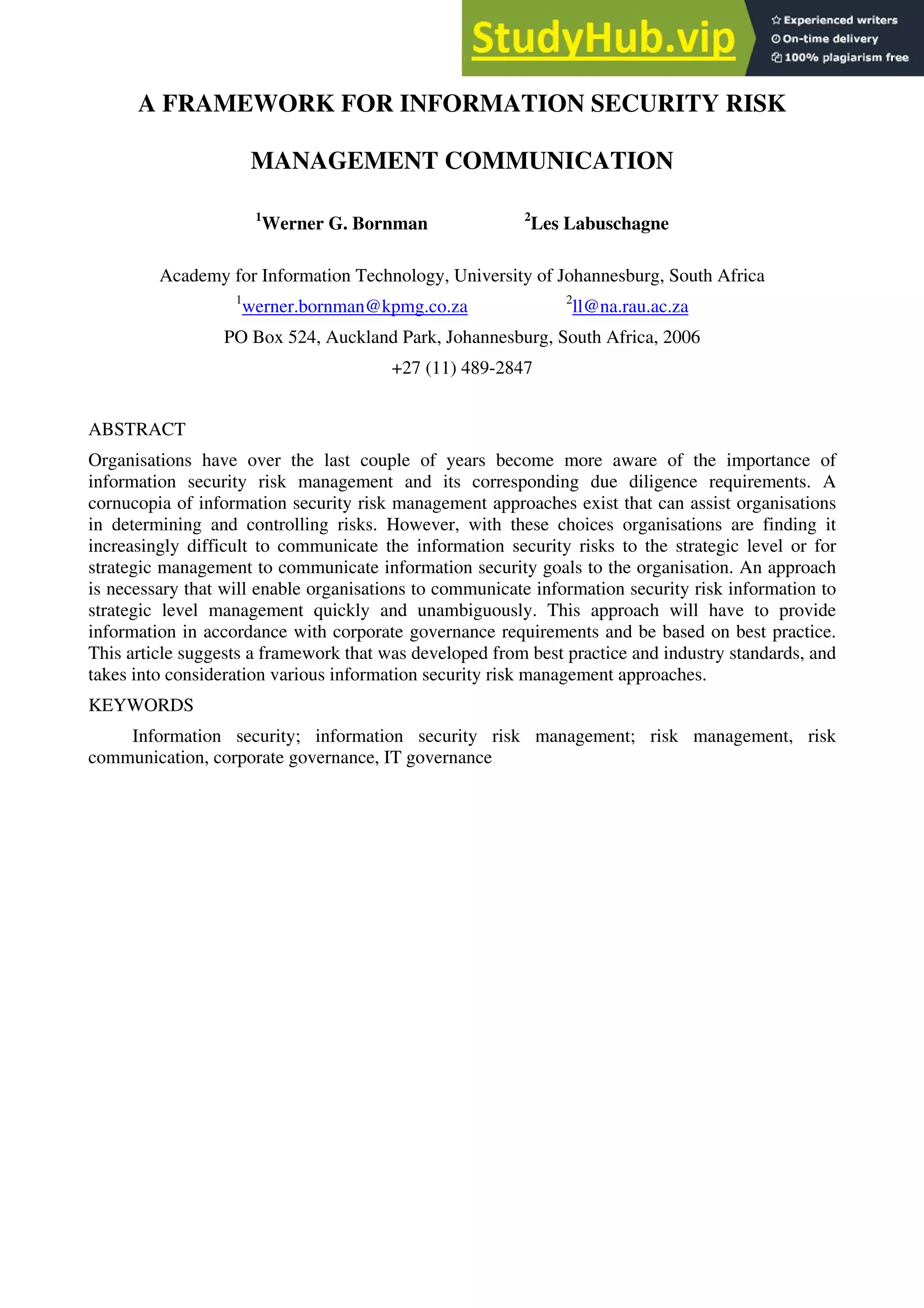 A Framework For Information Security Risk Management Communication | PDF | Business ...