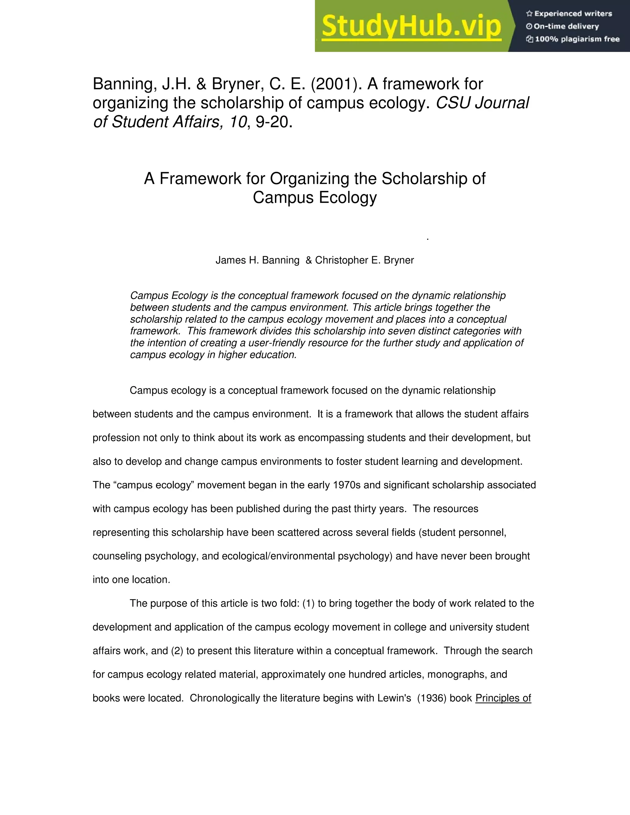 A Framework For Organizing The Scholarship Of Campus Ecology | PDF
