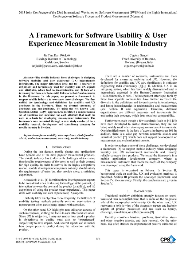 A framework for software usability and ux measurement in mobile indystry | PDF