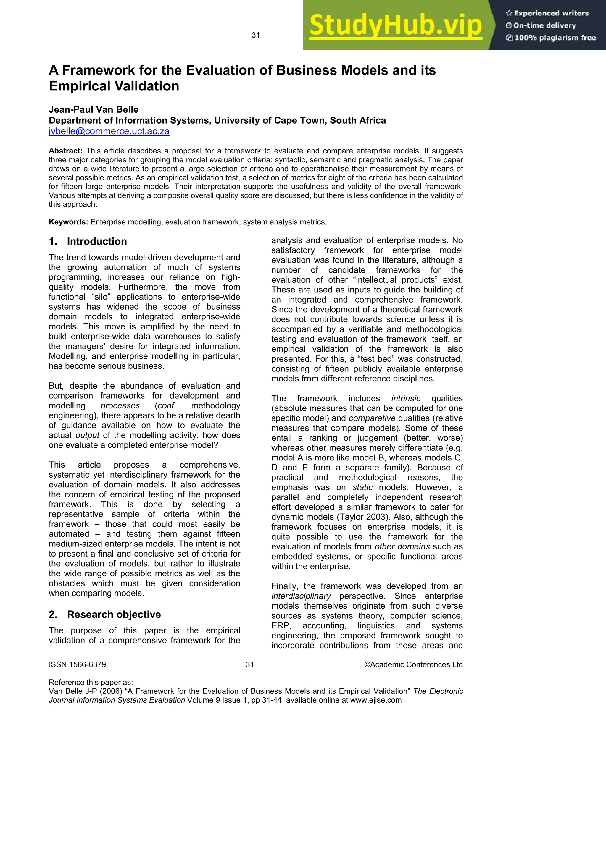 A Framework For The Evaluation Of Business Models And Its Empirical Validation | PDF