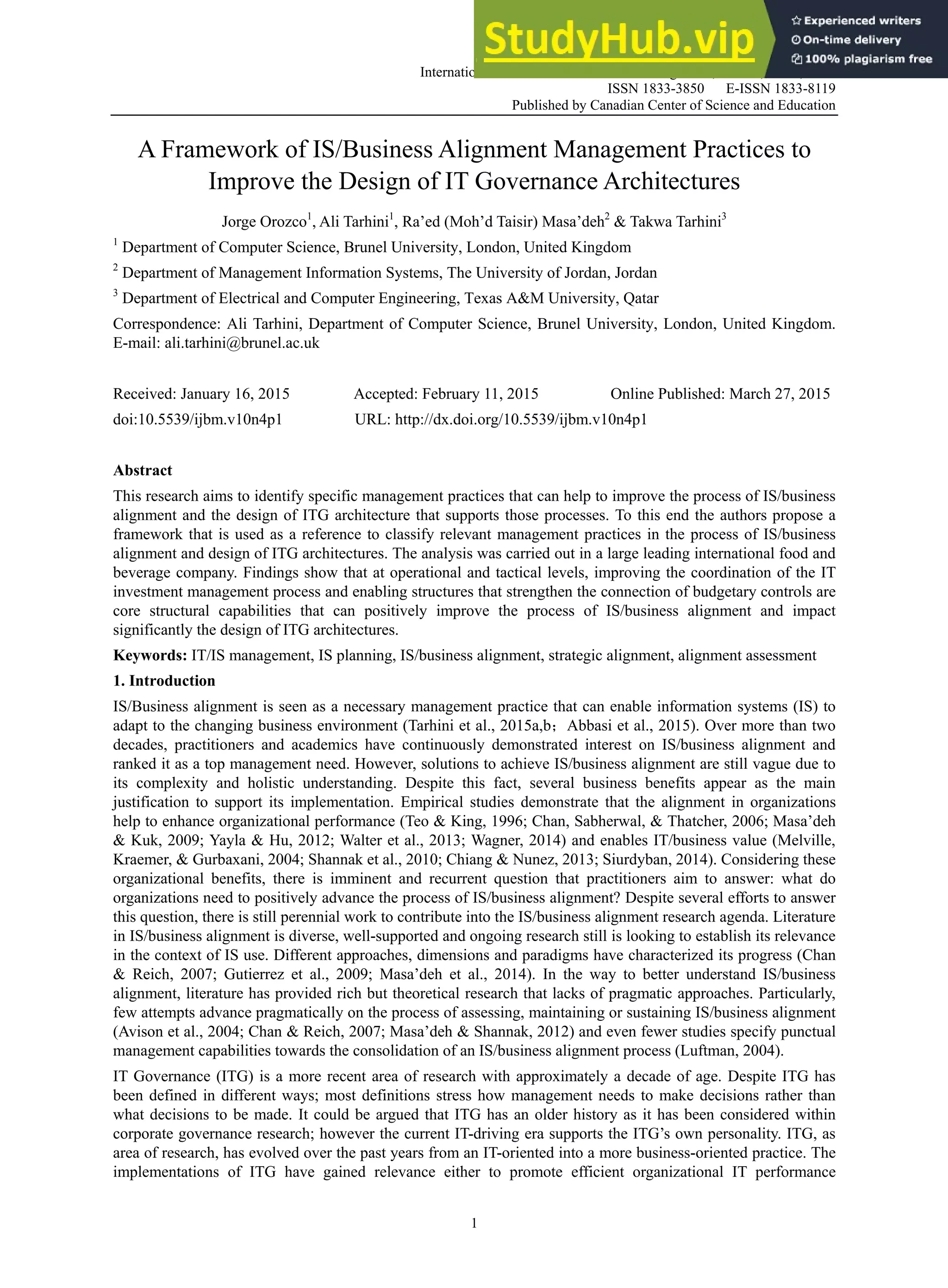 A Framework Of IS Business Alignment Management Practices To Improve ...