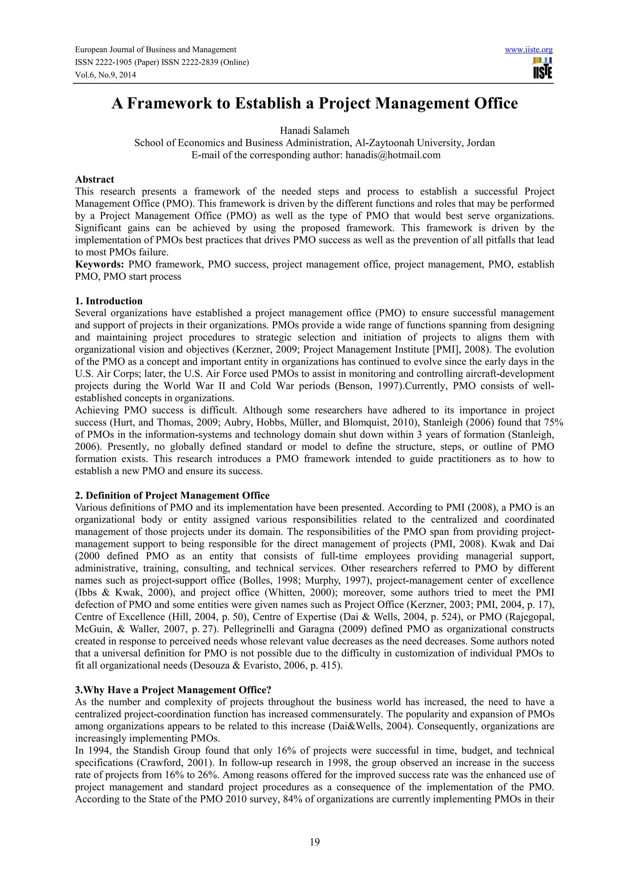 A framework to establish a project management office | PDF