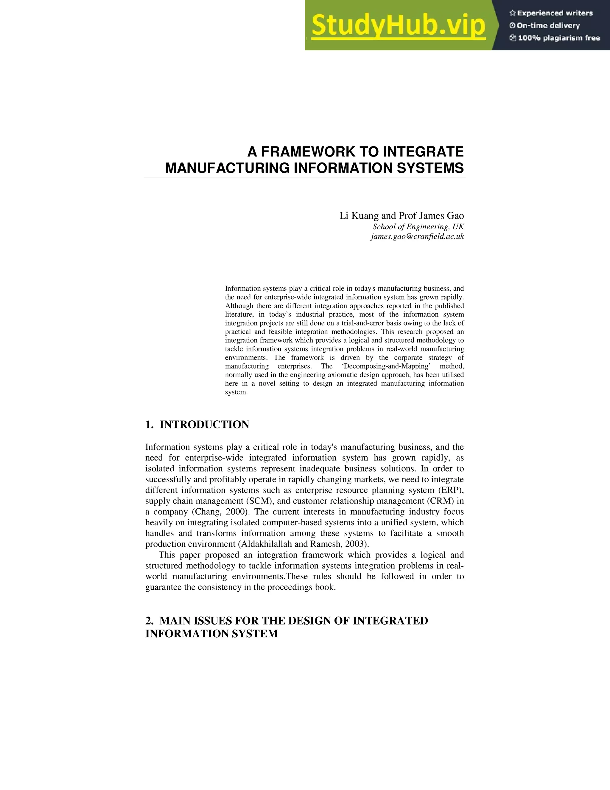 A Framework To Integrate Manufacturing Information Systems | PDF | Manufacturing Industry ...